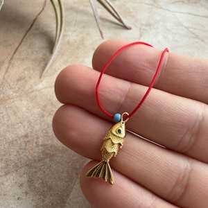 Handmade 14k Gold Plated Fish Charm Necklace - Red Cord - Etsy