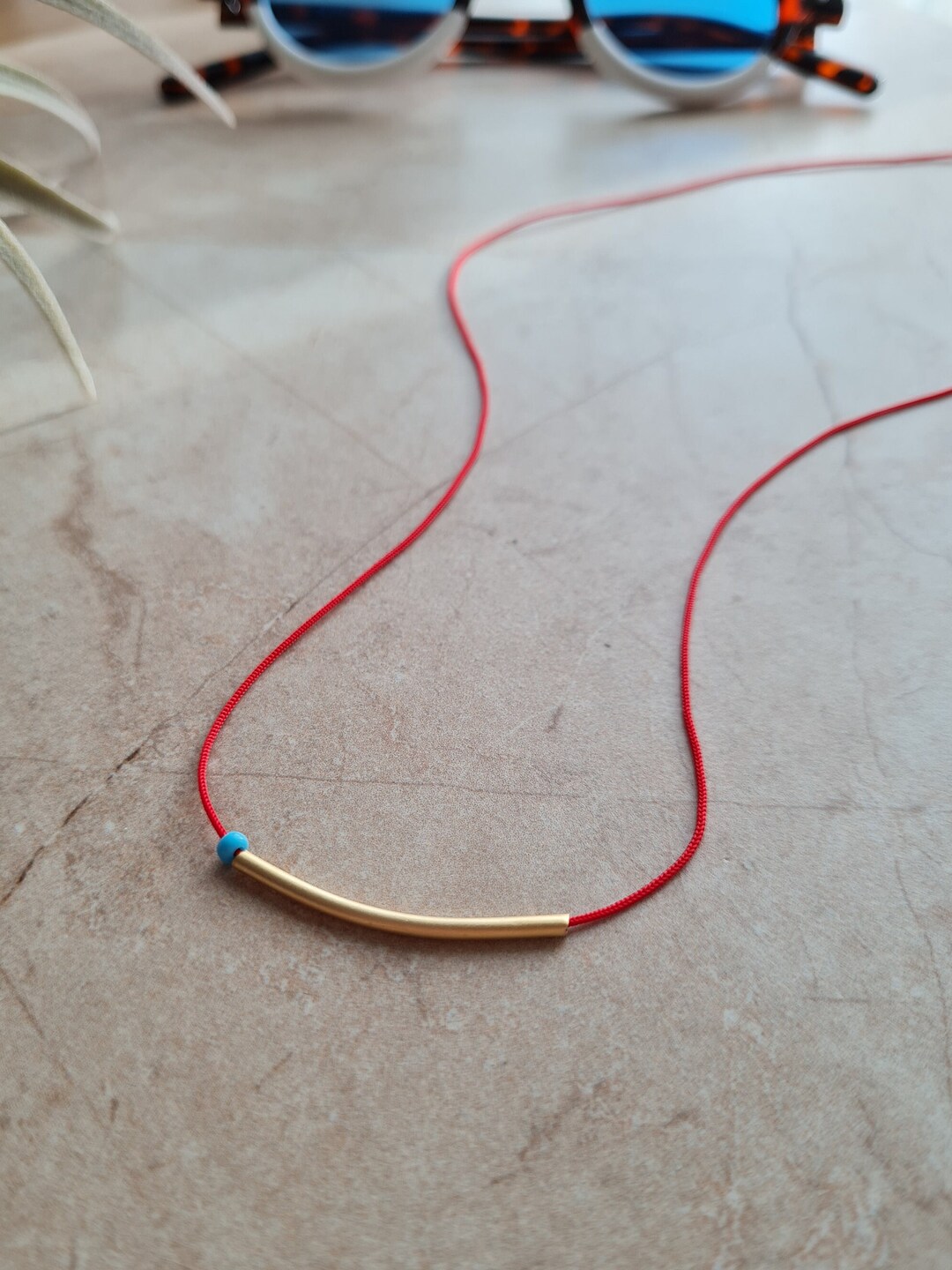 14k Gold Plated Noodle Tube Red String Necklace | Handmade Dainty Blue ...