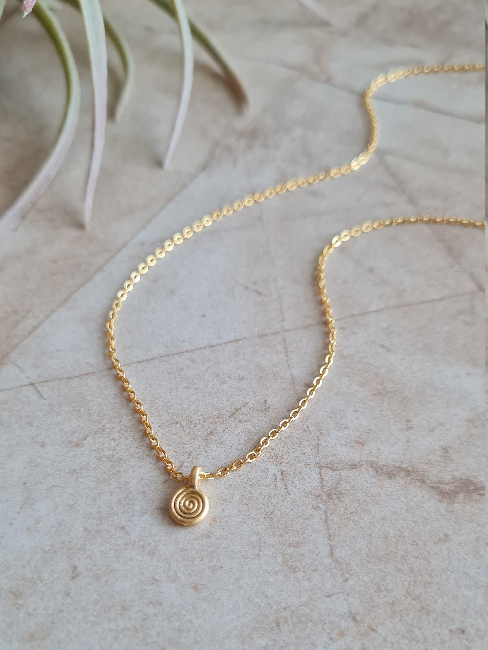 14k Gold Plated Tiny Spiral Charm Chain Necklace | Handmade Minimalist ...
