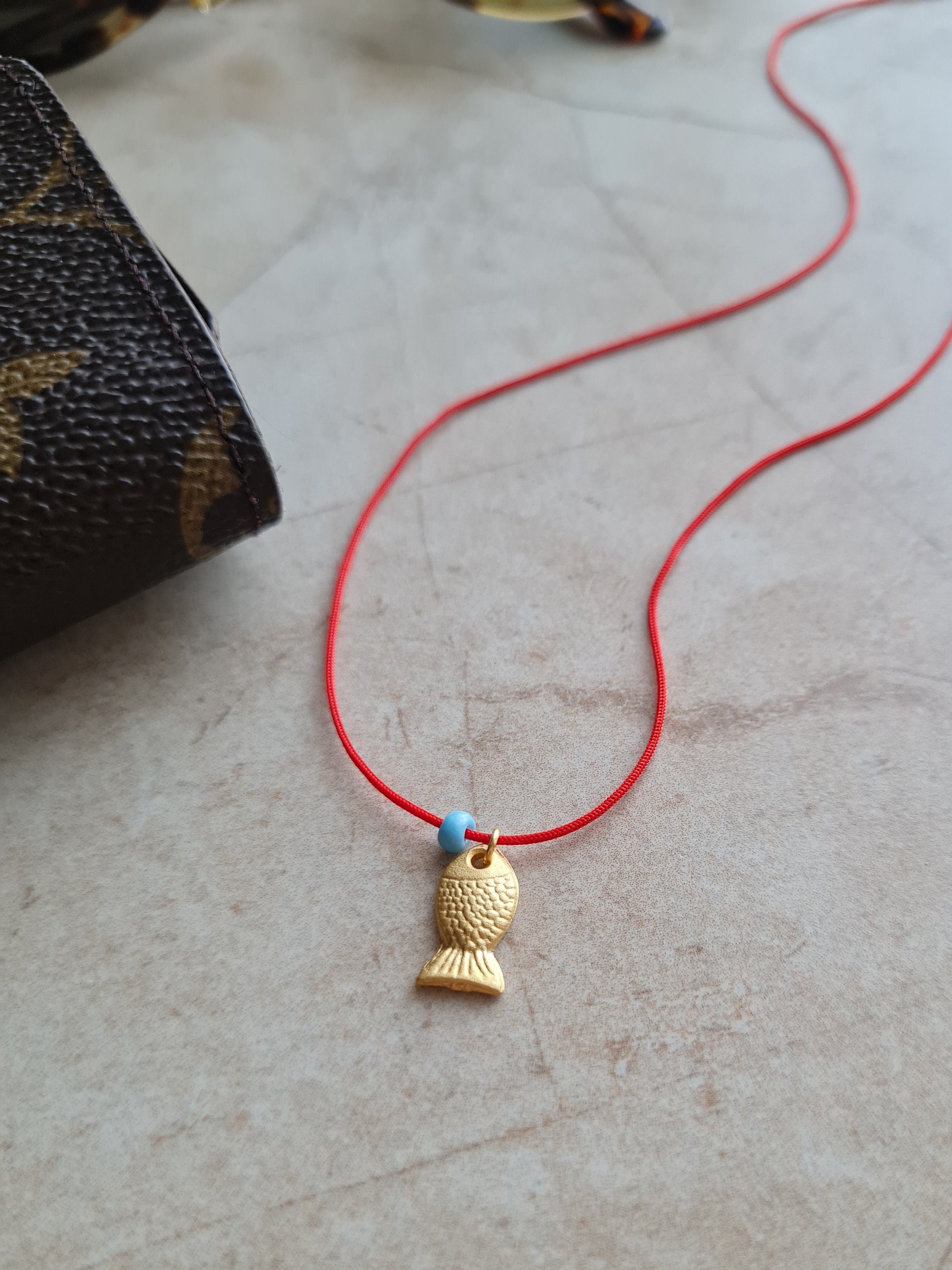 14k Gold Plated Fish Charm Red String Necklace Handmade Dainty Blue ...