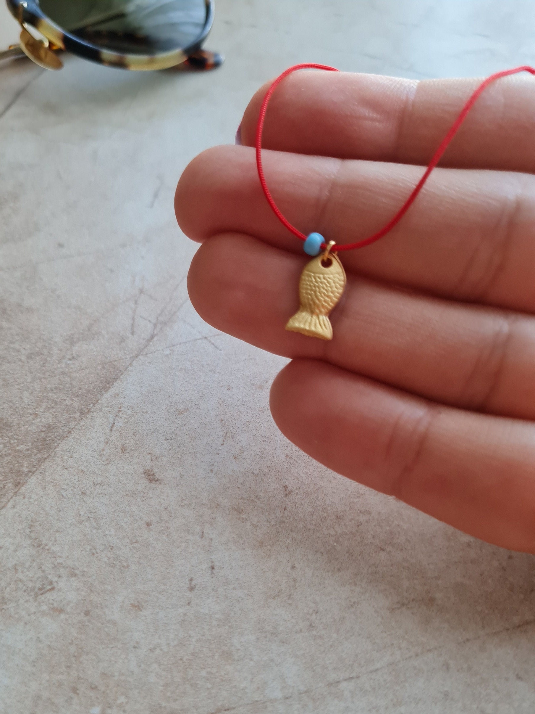 14k Gold Plated Fish Charm Red String Necklace Handmade Dainty Blue ...