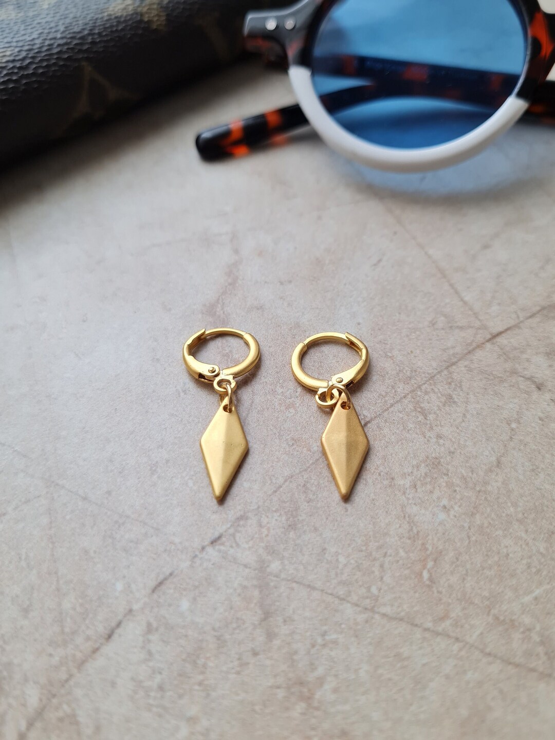 Pair of 14k Gold Plated Diamond Shape Charm Huggie Hoop Earrings ...