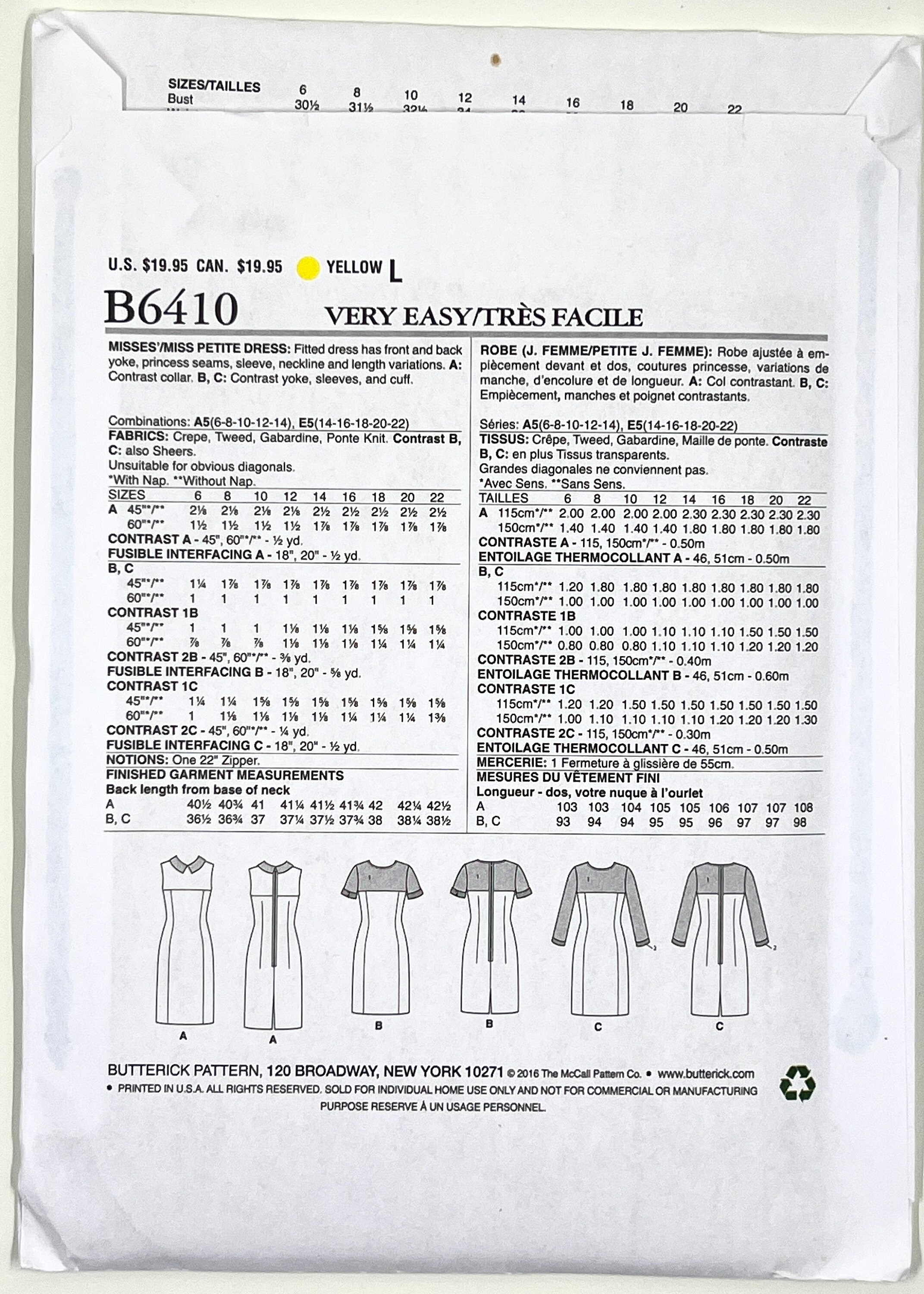 Uncut Butterick Pattern B6410 Sizes E5 14-16-18-20-22 - Etsy