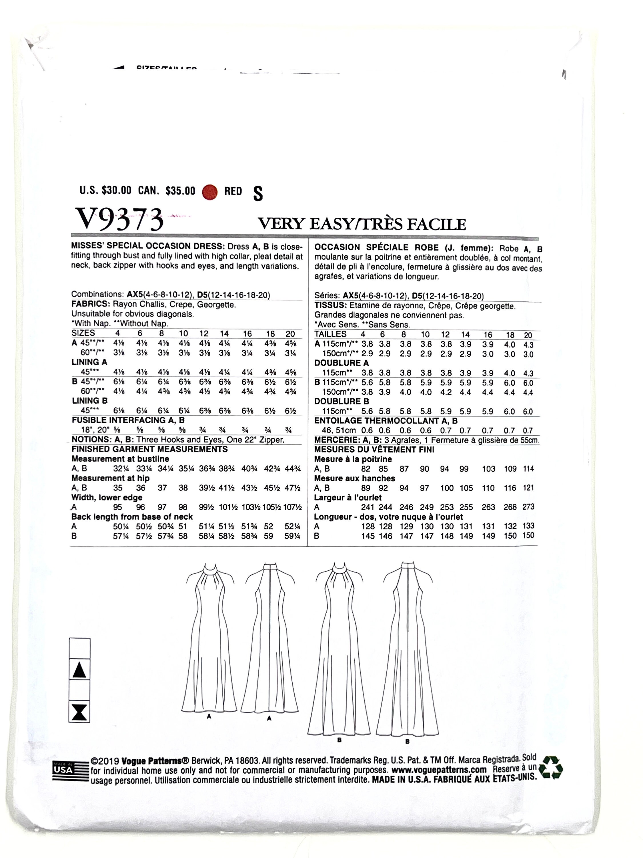Uncut Very Easy Vogue Pattern V9373 Size D5 12-14-16-18-20 - Etsy