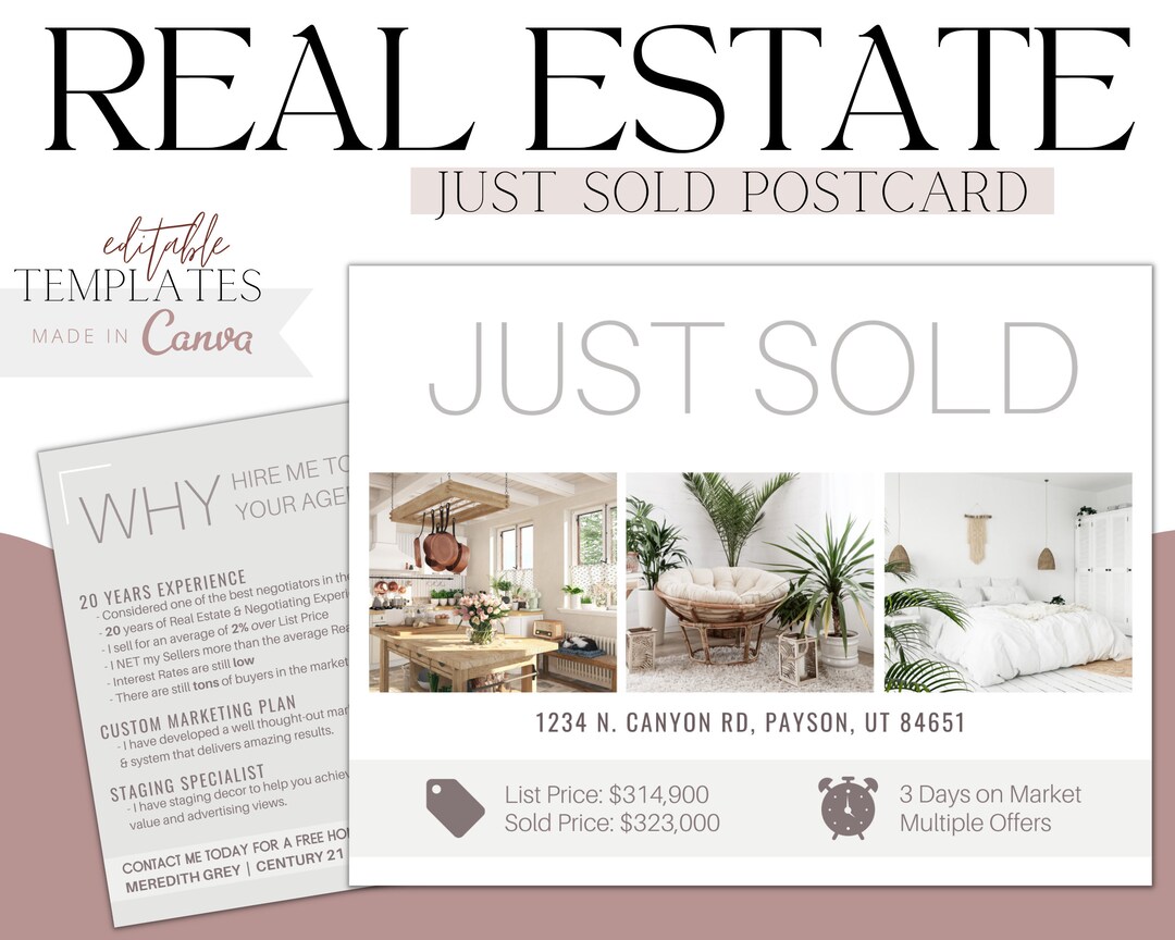 Just Sold Real Estate Postcard Template | Editable Canva Design for ...