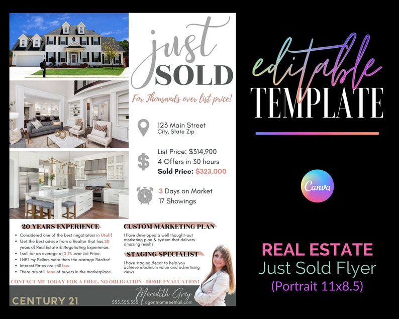 Just Sold Real Estate Flyer Canva Template for REALTORS and Transaction ...