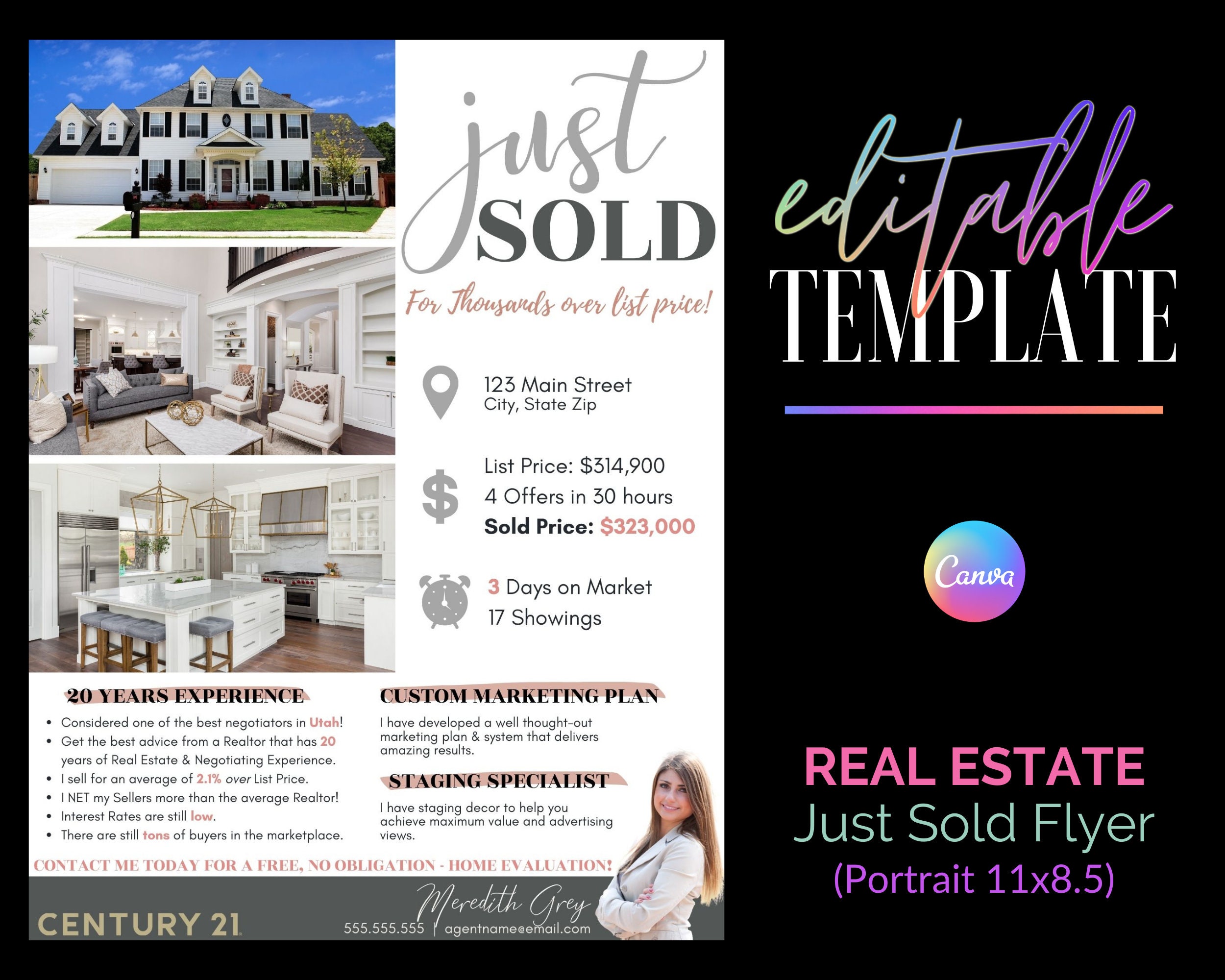 Just Sold Real Estate Flyer Canva Template for REALTORS and Transaction ...