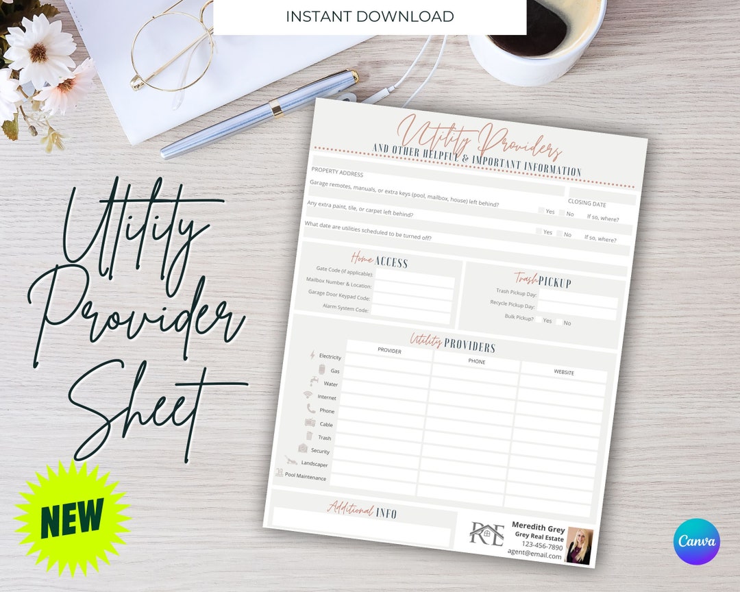 Real Estate Utility List Template: Editable Canva PDF (digital Download ...