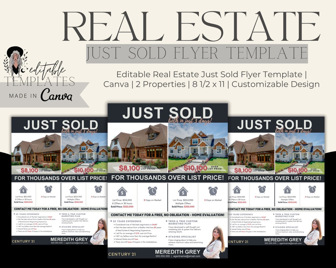 Editable Real Estate Just Sold Flyer Template | Canva | 2 Properties ...