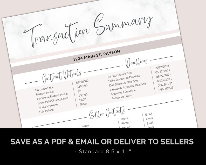 Real Estate Transaction Summary Template: Editable Canva Design ...