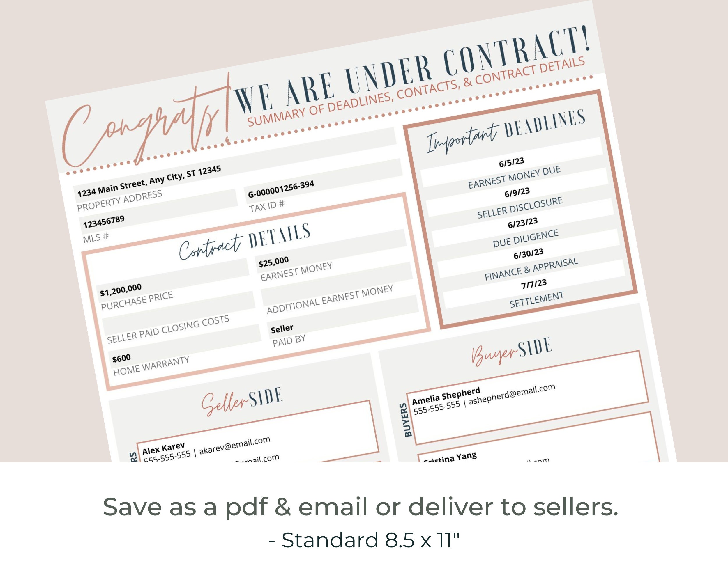 Under Contract Cover Sheet Template Real Estate Transaction Summary ...