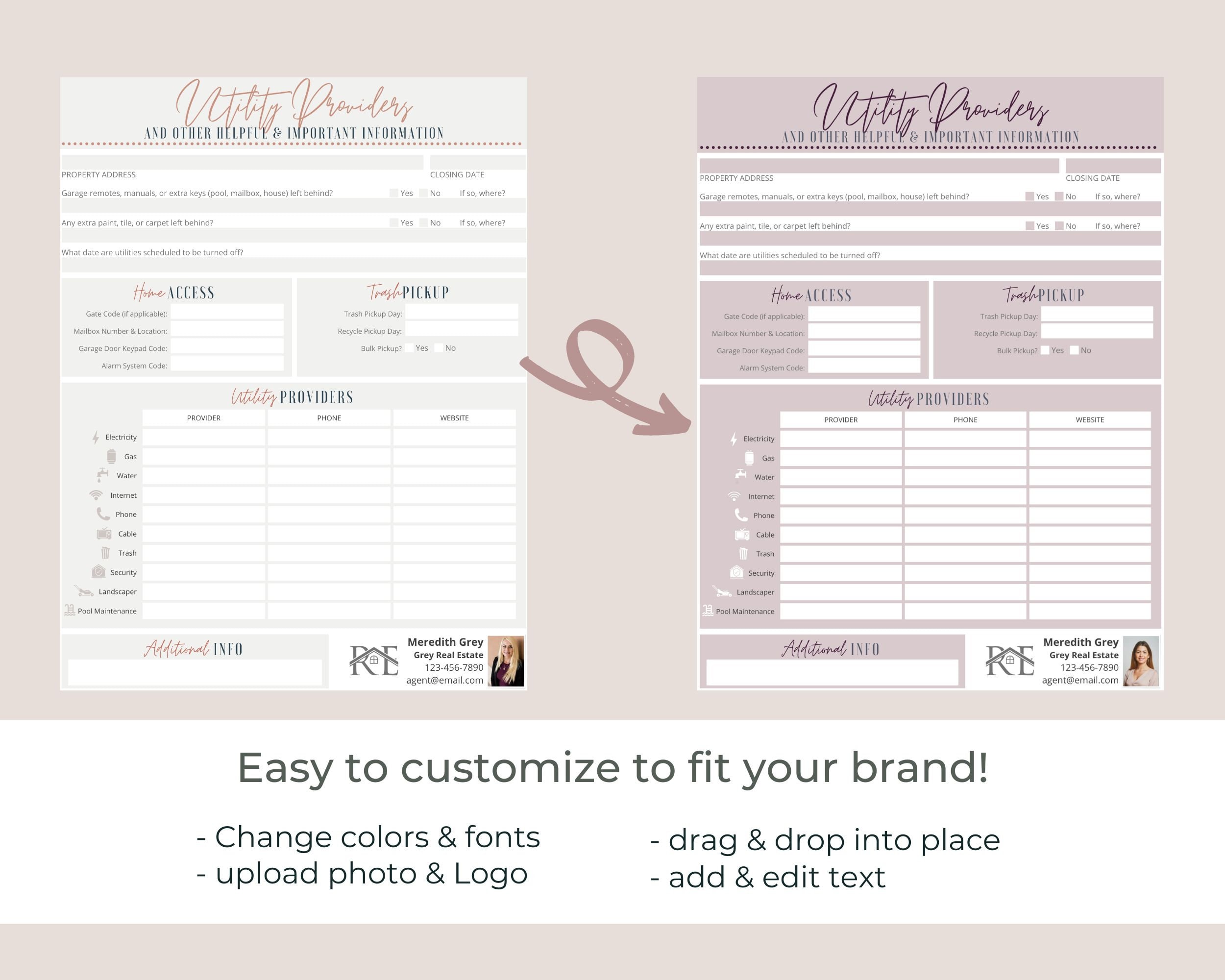 Real Estate Utility List Template: Editable Canva PDF (digital Download ...
