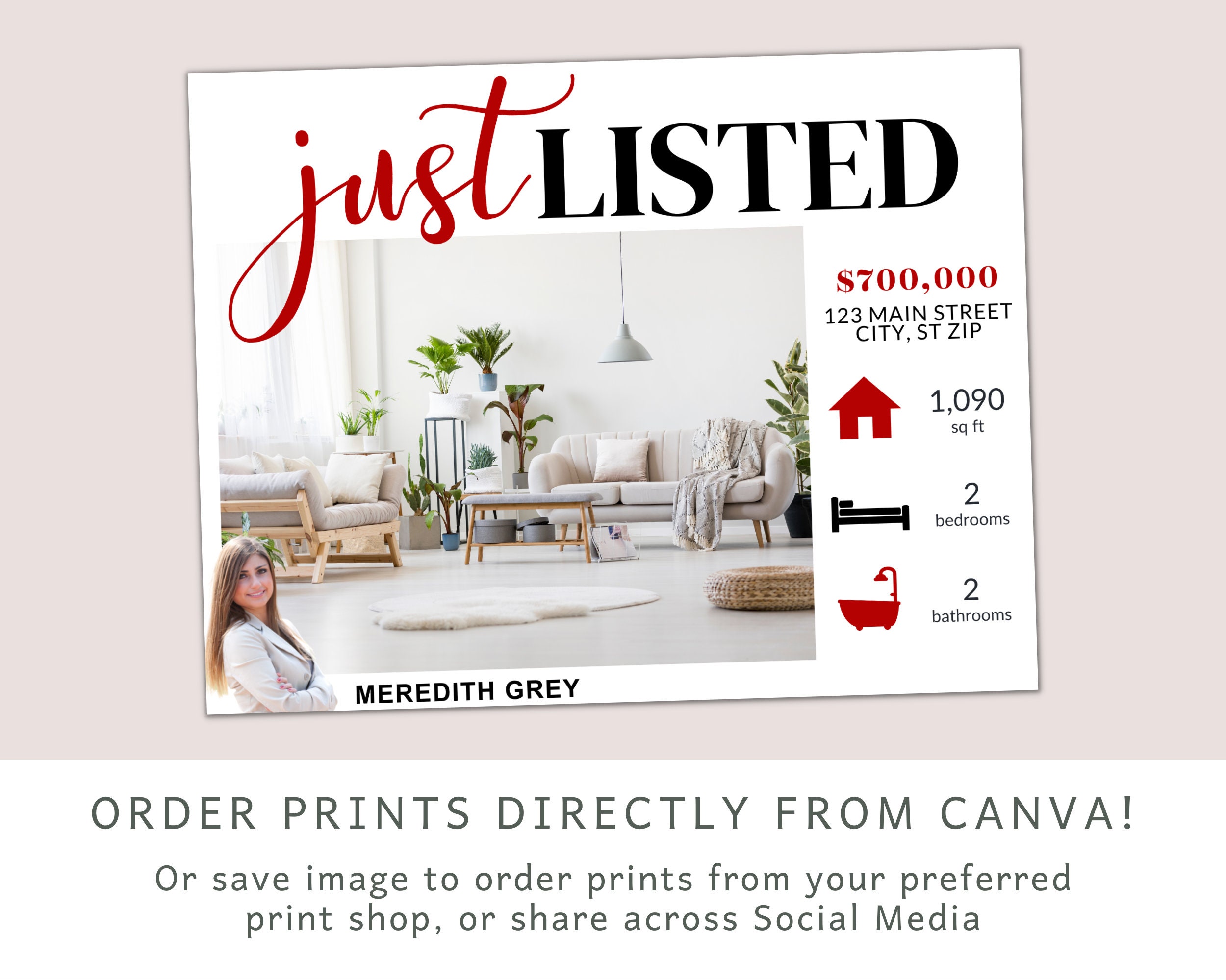 Just Listed Real Estate Postcard Editable Canva Template Realtor ...