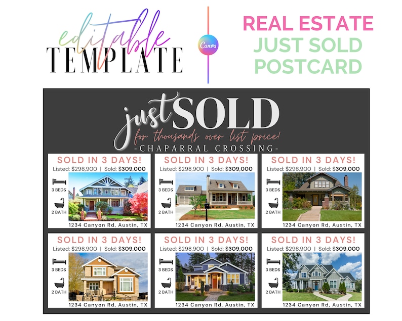 Just Sold Real Estate Postcard Canva Template for Realtors and ...