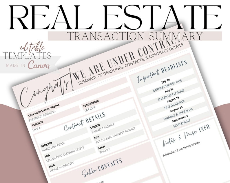 Real Estate Transaction Summary Template for Realtors (canva Editable ...