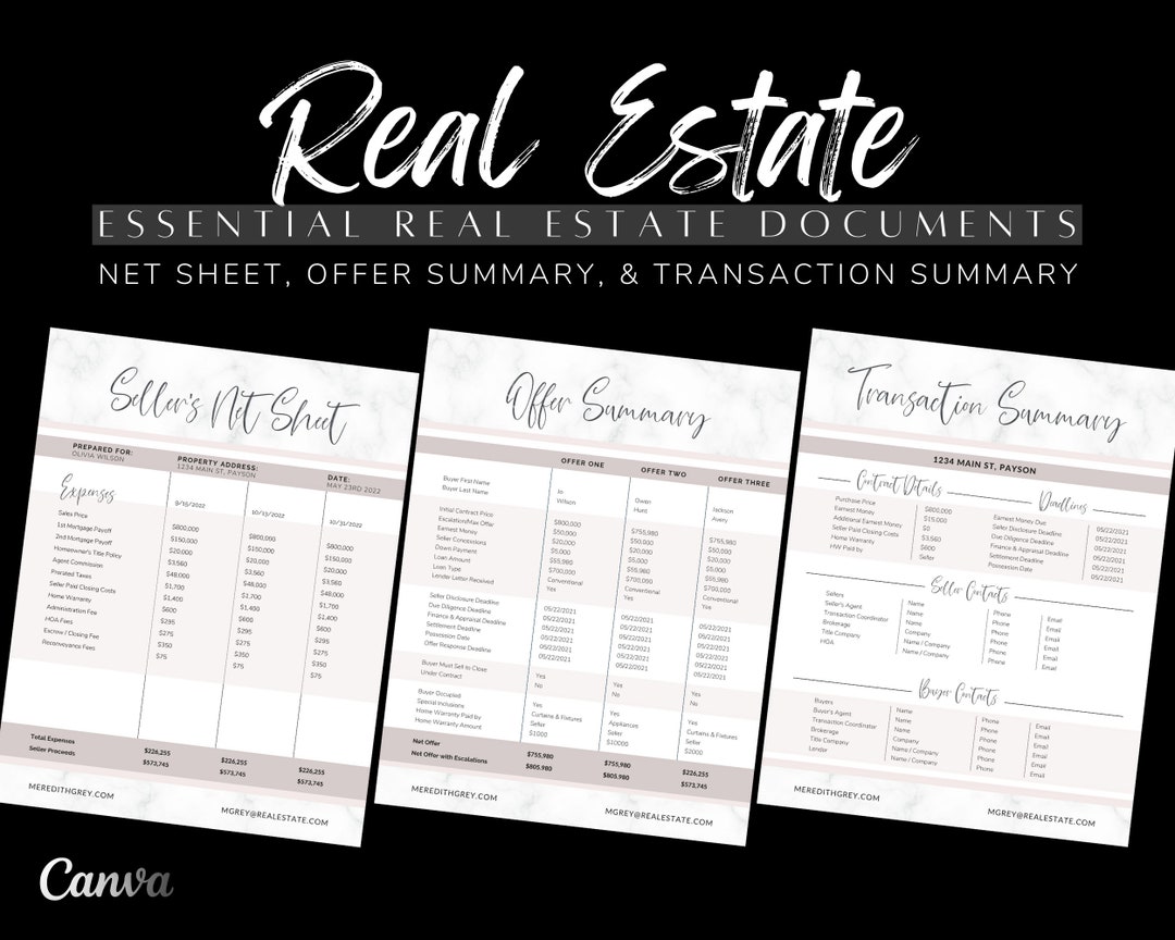 Real Estate Net Sheet and Offer Summary and Transaction Summary for ...