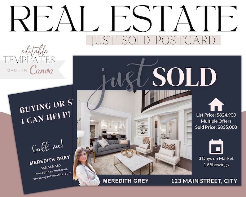 Just Sold Real Estate Postcard Canva Template for Realtors and ...