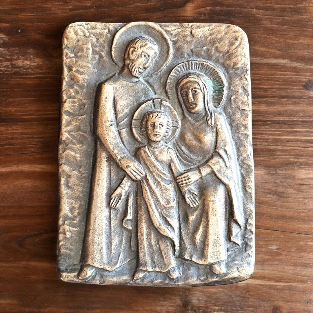 1940s 50s Cast Bronze Relief Holy Family & Child Jesus Tile Wall Plaque ...