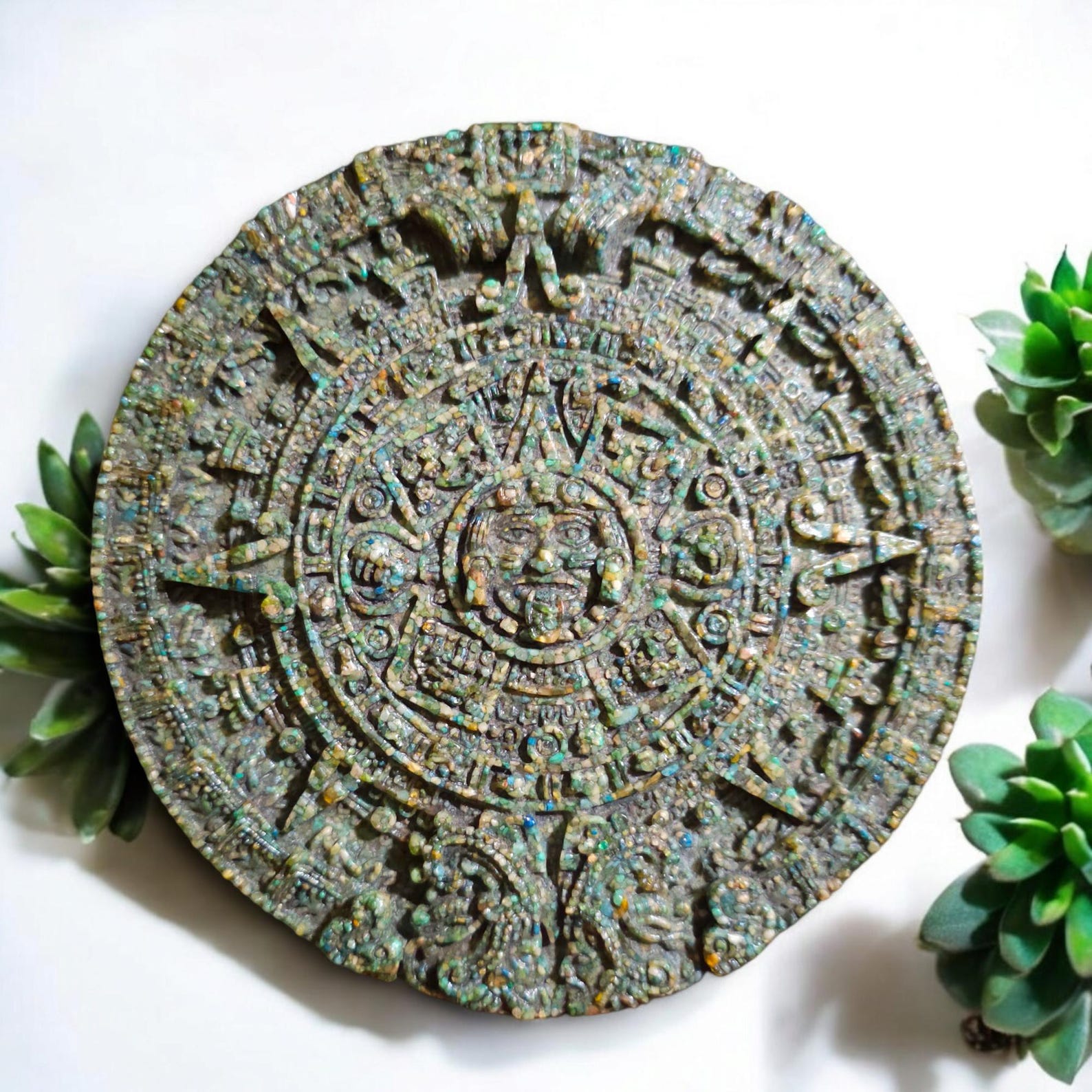 Vintage Aztec Calendar Crushed Green Malachite Mosaic Stone Mandala 6. ...
