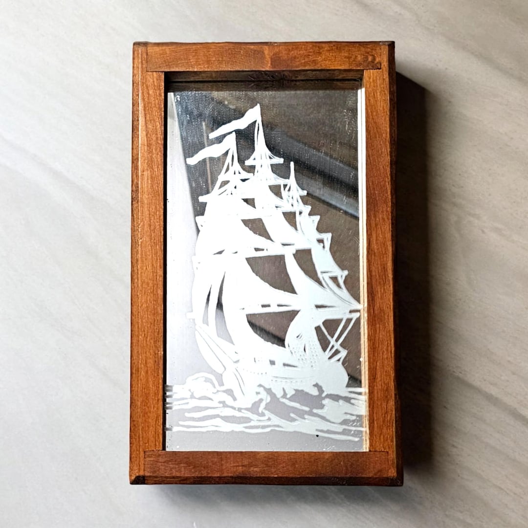 Mid Century Schooner Mirror With Wood Frame Nautical Sailing Boat Theme ...