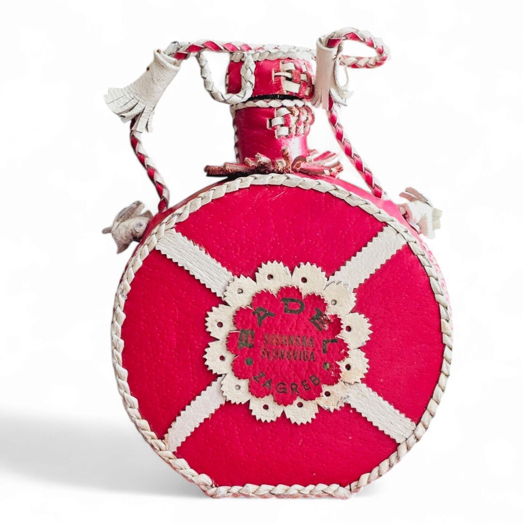 Vintage Badel Leather Wrapped Liquor Flask: Croatian Sljivovica Bottle ...