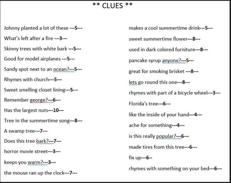 Word Search Puzzle trees ... With Word Clues - Etsy