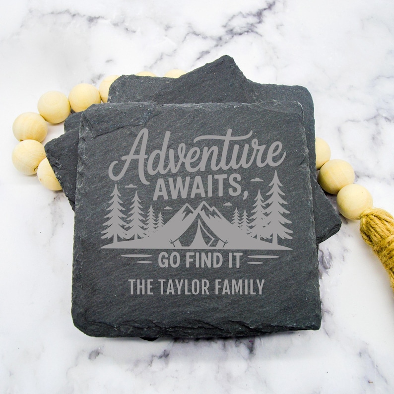 Adventure Awaits Coaster, Camping Slate Stone Coaster, Camping Coaster ...