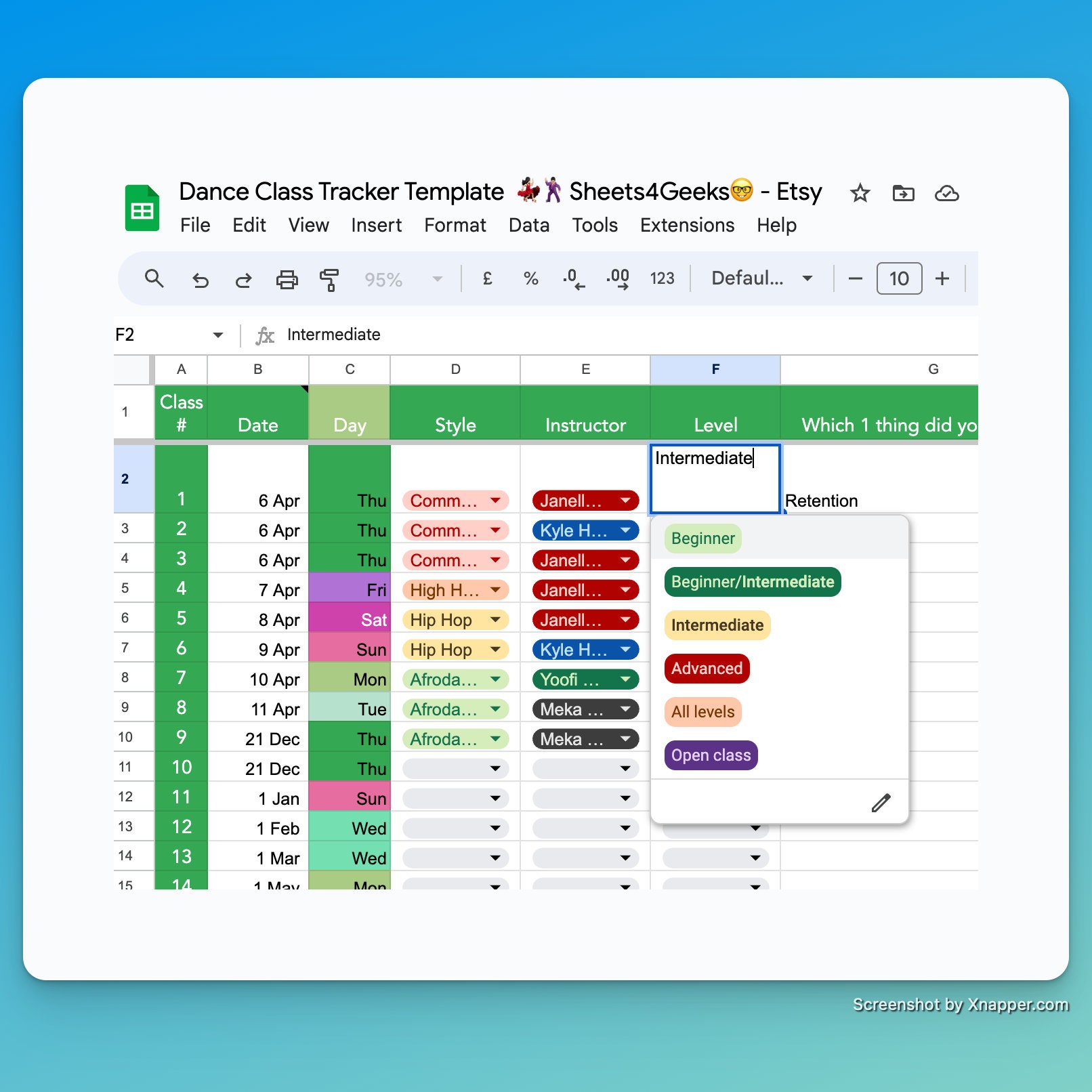 Dance Class Tracker Google Sheets | Track Your Progress, Become a ...