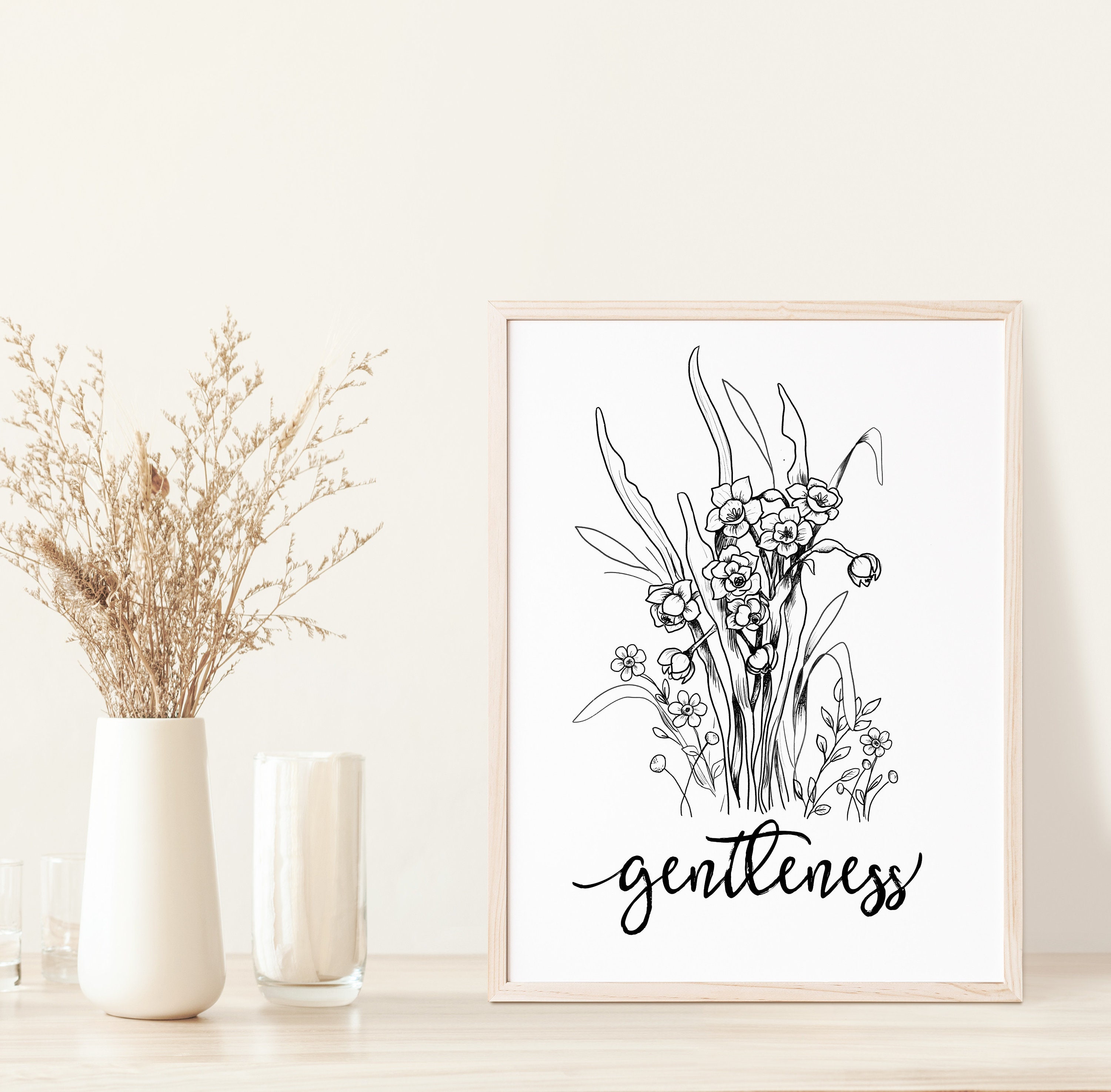 Gentleness, Fruit of the Spirit, Bible Art Printable, Botanical Line ...