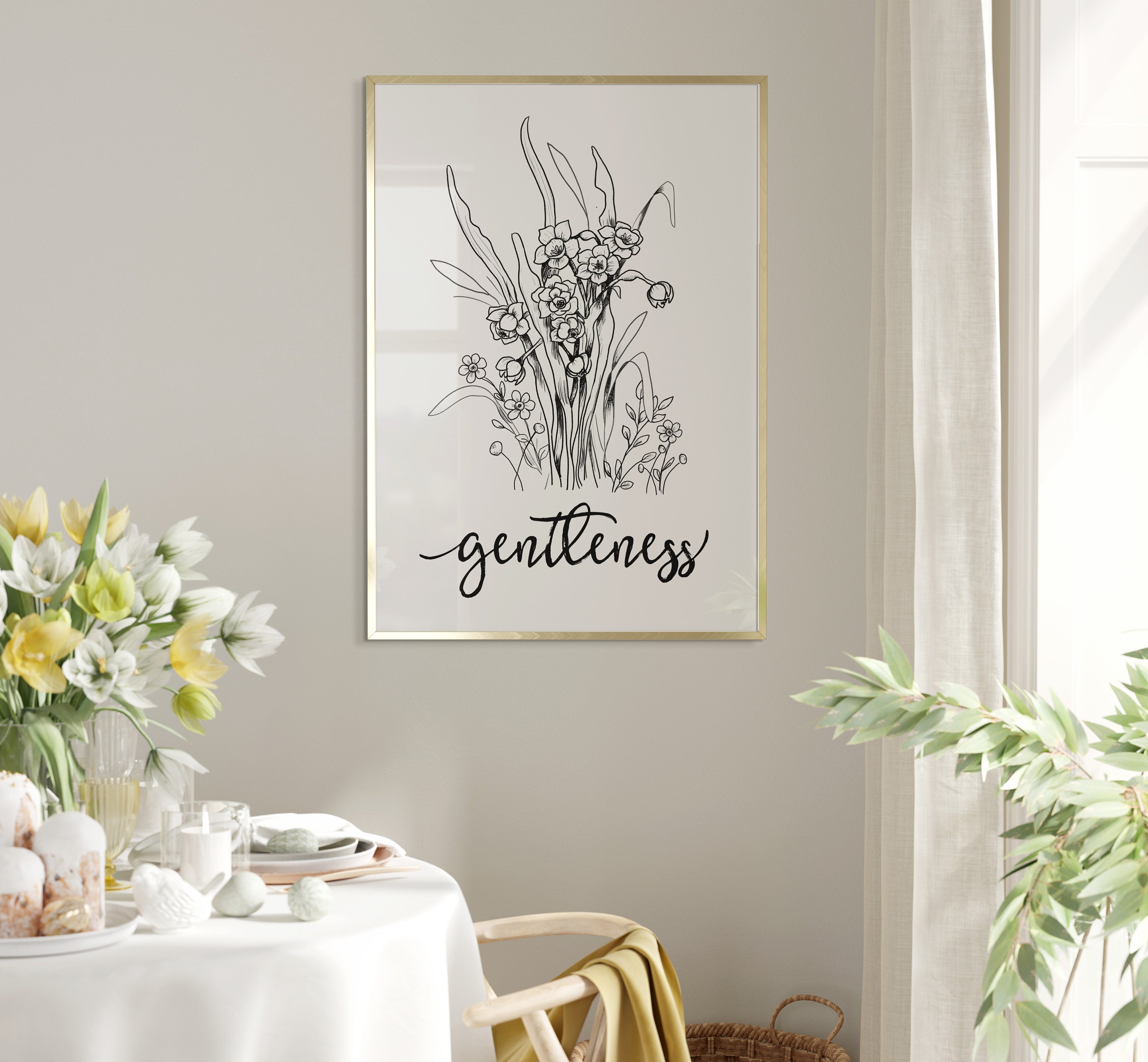 Gentleness, Fruit of the Spirit, Bible Art Printable, Botanical Line ...