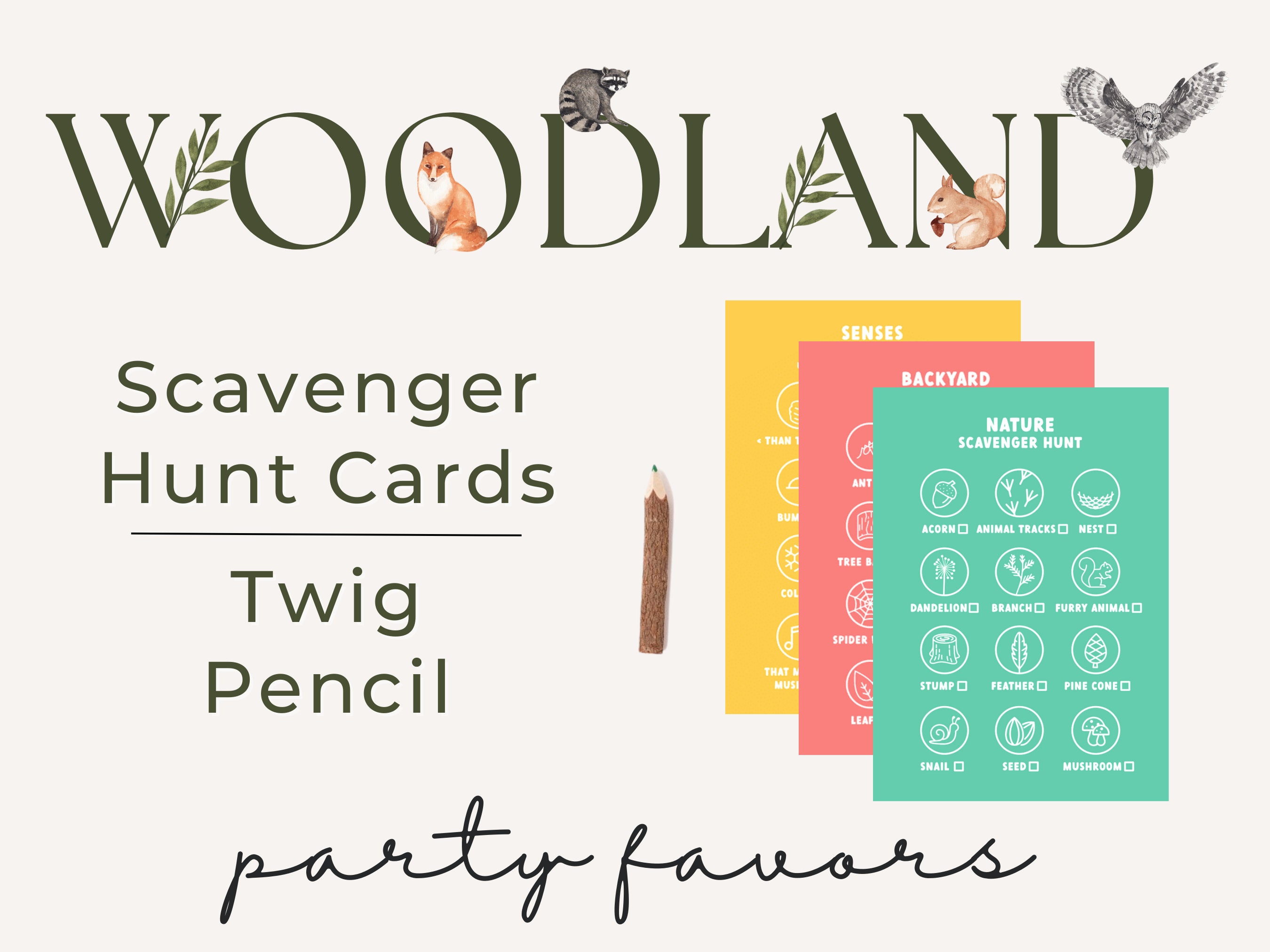 3 Scavenger Hunt Cards, Twig Pencil, Explorer Patch, Postcard Woodland ...