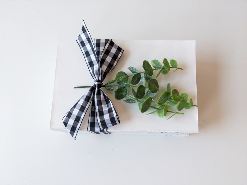 Farmhouse Book Stack With Buffalo Plaid Ribbon and Greenery - Etsy