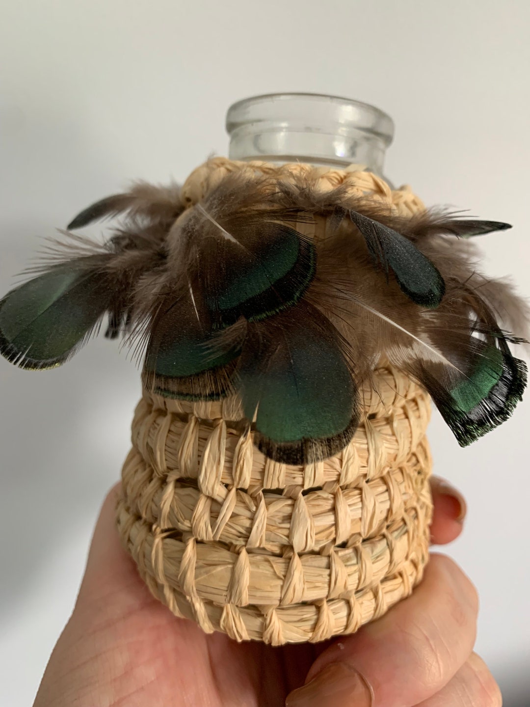 Handmade Aboriginal Weaving Covered Vintage Bottle With Duck Feathers ...