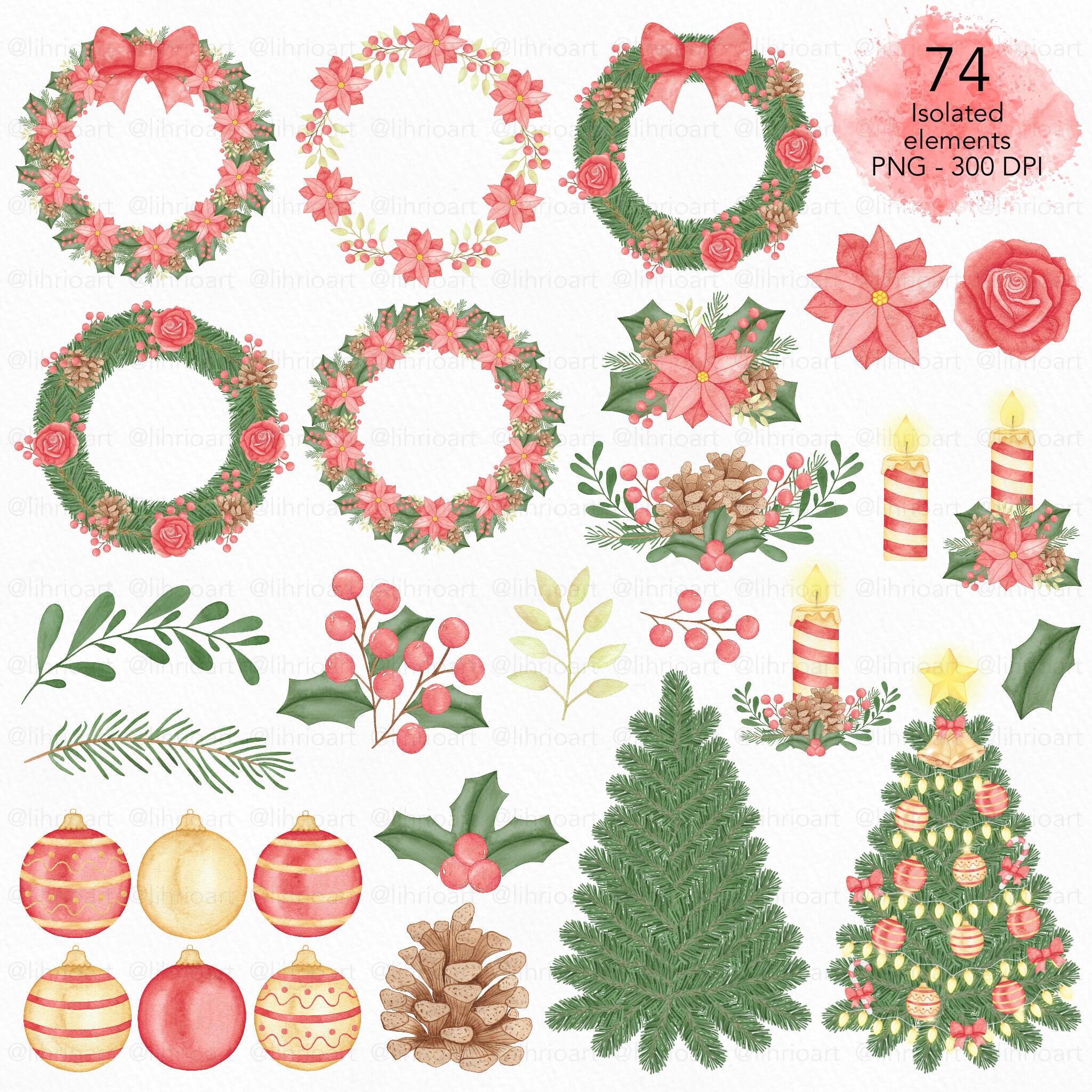 Christmas Watercolor Clipart, Hand Painted, Instant Download, Digital ...