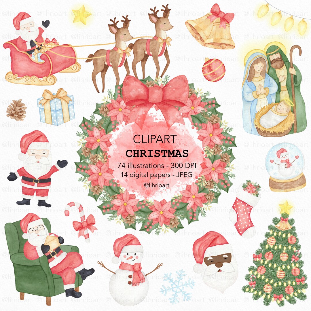 Christmas Watercolor Clipart, Hand Painted, Instant Download, Digital ...