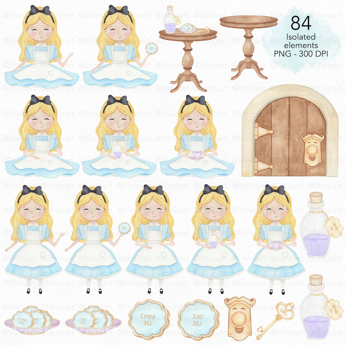 Alice in Wonderland Watercolor Clipart Hand painted Instant | Etsy