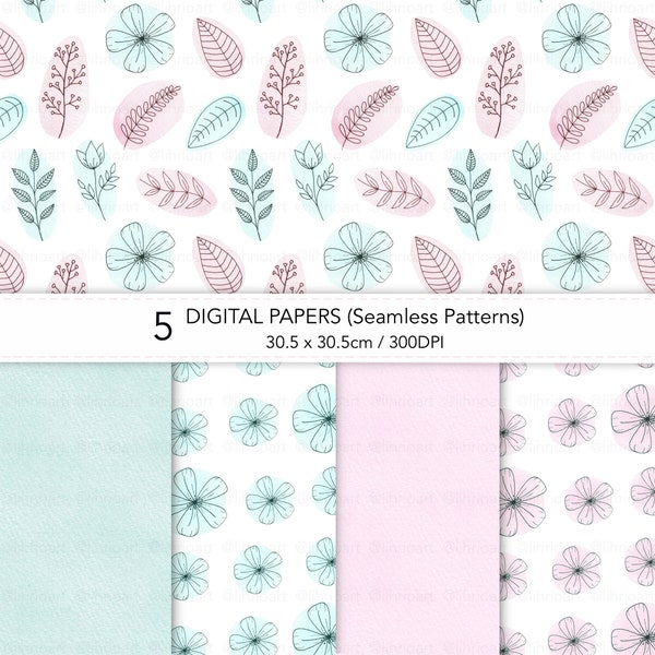Watercolor and Ink Digital Papers, Hand Painted, Seamless Pattern ...