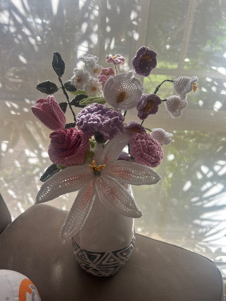Crochet Flower Bouquet Pink Purple and White Valentines Gift Beautiful ...