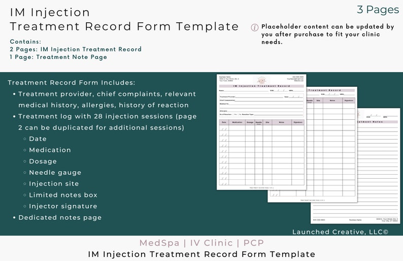 IM Injection Treatment Record Form Template | Intramuscular Injection ...