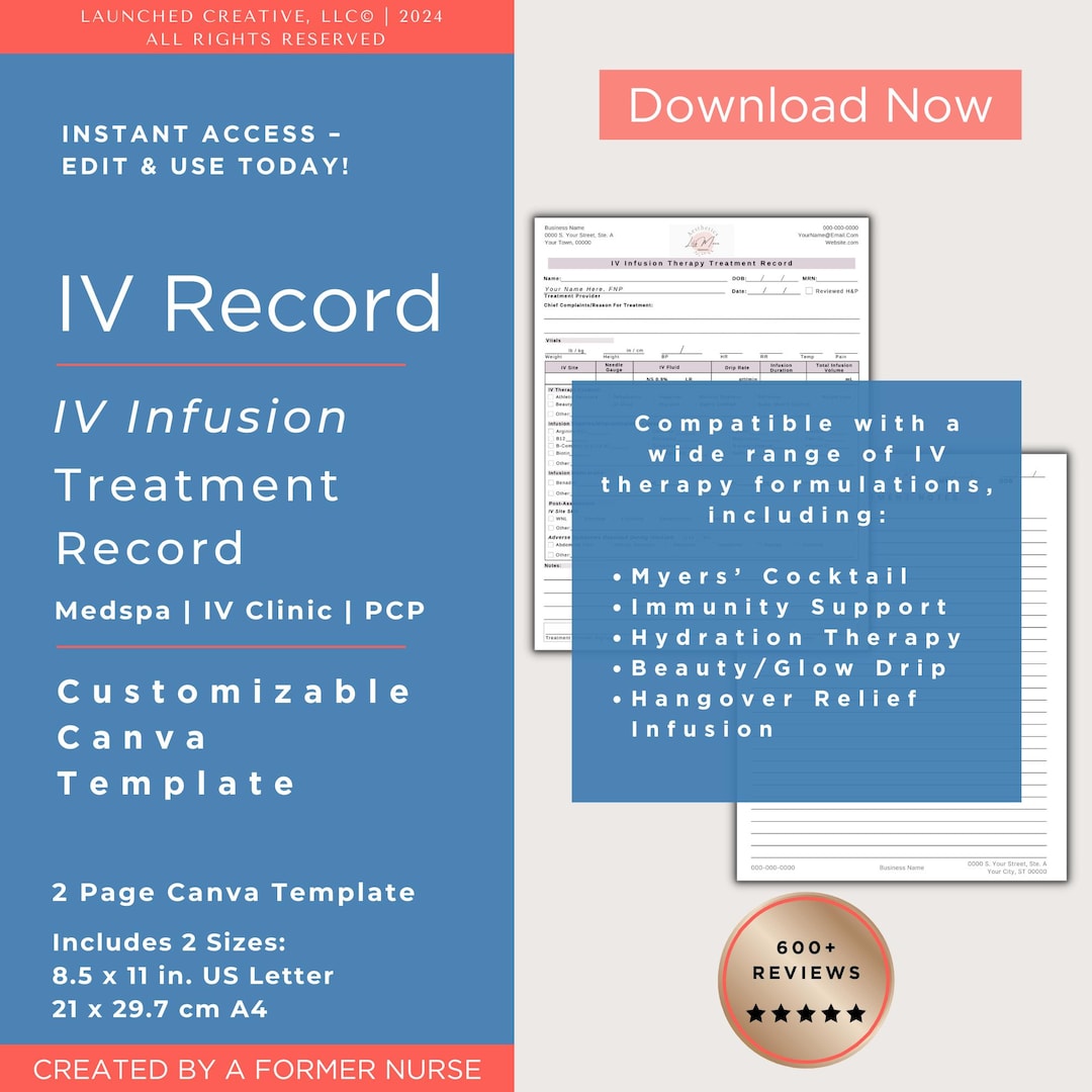 IV Infusion Therapy Treatment Record Form Template | IV Therapy Record ...