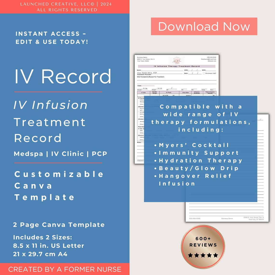 IV Infusion Therapy Treatment Record Form Template | IV Therapy Record ...