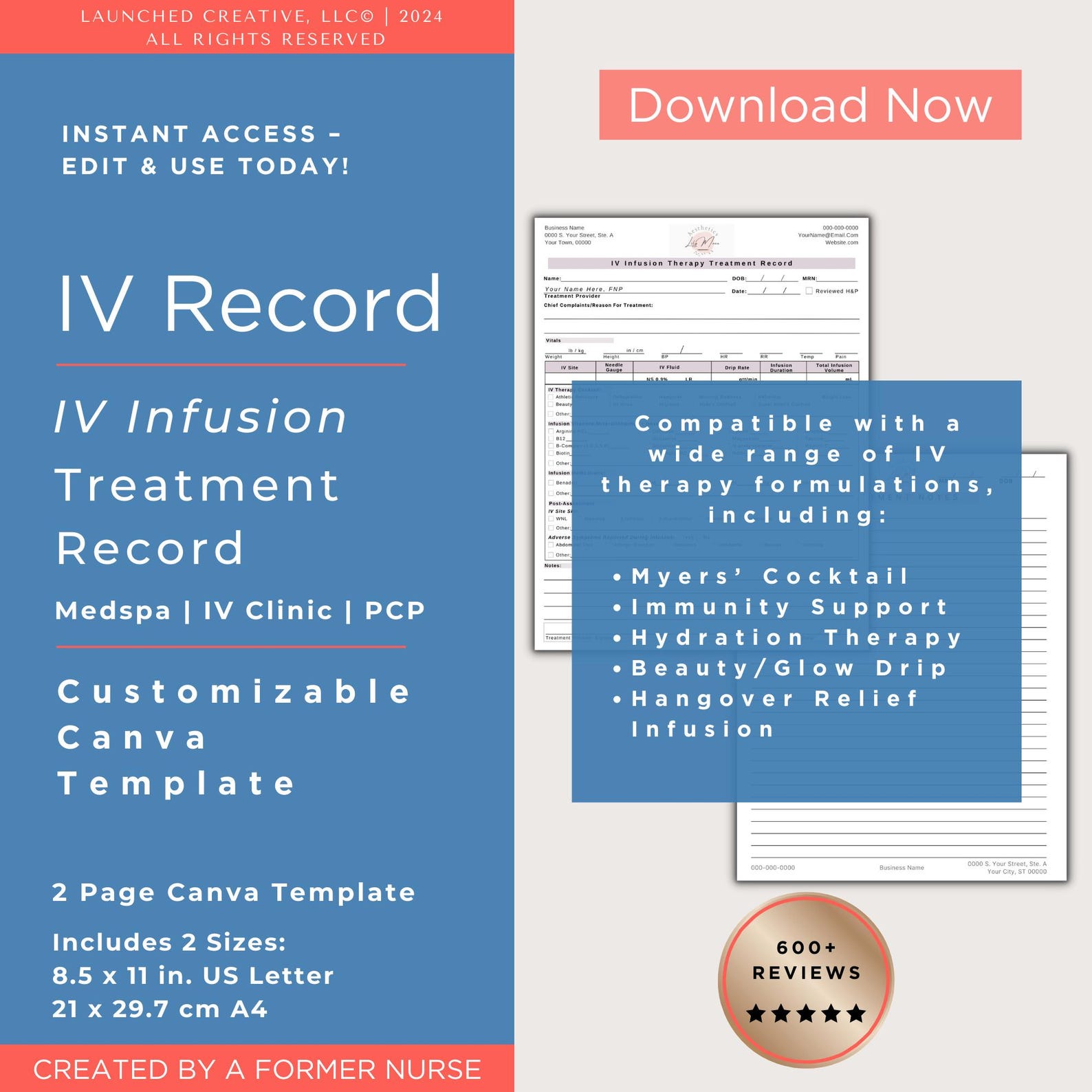 IV Infusion Therapy Treatment Record Form Template | IV Therapy Record ...