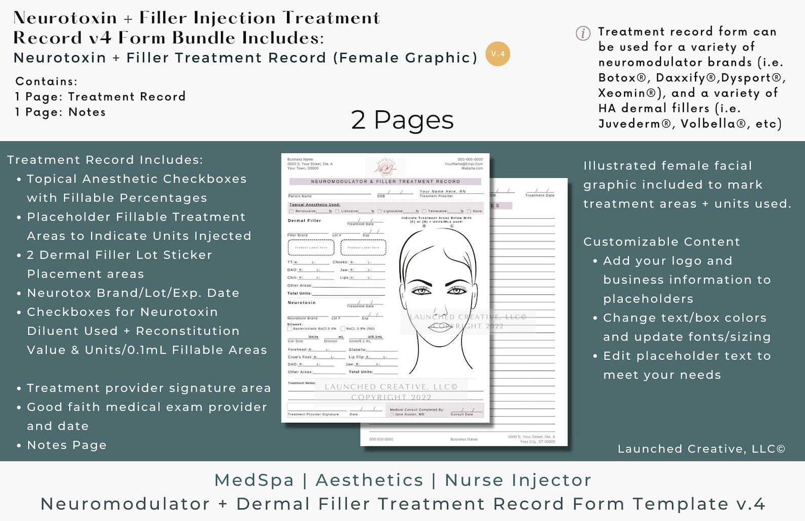 Filler Neurotoxin Injection Treatment Record Form BUNDLE V4 | Aesthetic ...