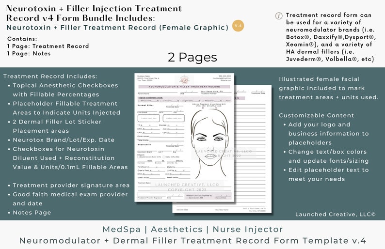 Filler Neurotoxin Injection Treatment Record Form BUNDLE V4 | Aesthetic ...