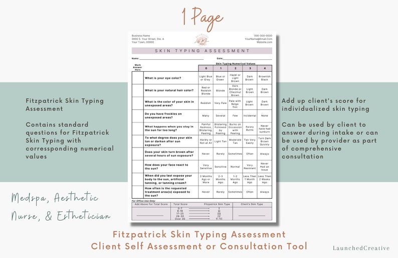 Skin Typing Assessment Form Template Fitzpatrick Skin Type - Etsy