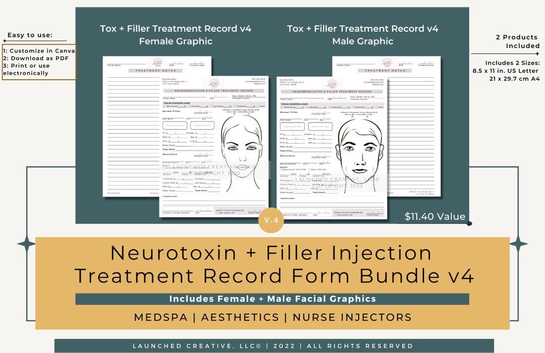 Filler Neurotoxin Injection Treatment Record Form BUNDLE V4 | Aesthetic ...