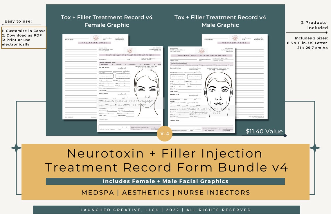 Filler Neurotoxin Injection Treatment Record Form BUNDLE V4 | Aesthetic ...