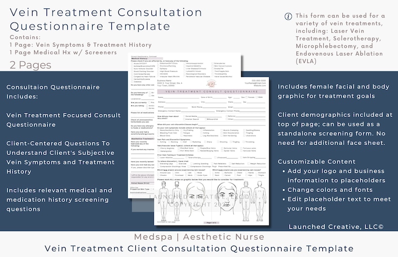 Vein Treatment Intake Consult Questionnaire Laser Vein - Etsy