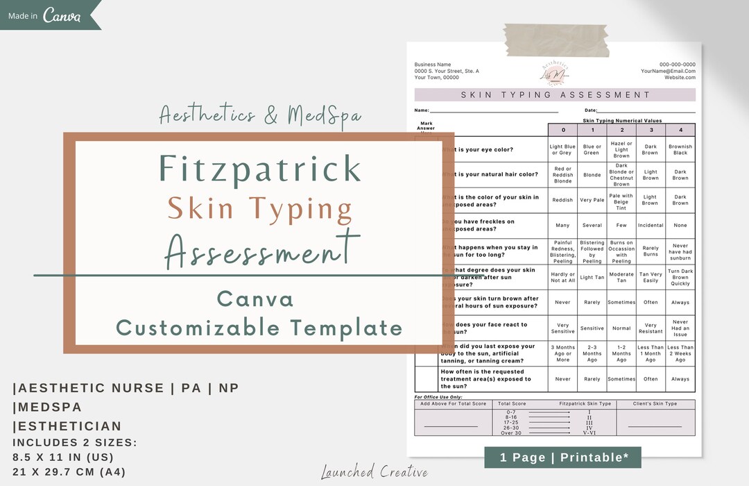 Skin Typing Assessment Form Template Fitzpatrick Skin Type - Etsy