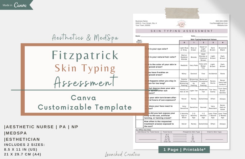 Skin Typing Assessment Form Template Fitzpatrick Skin Type - Etsy